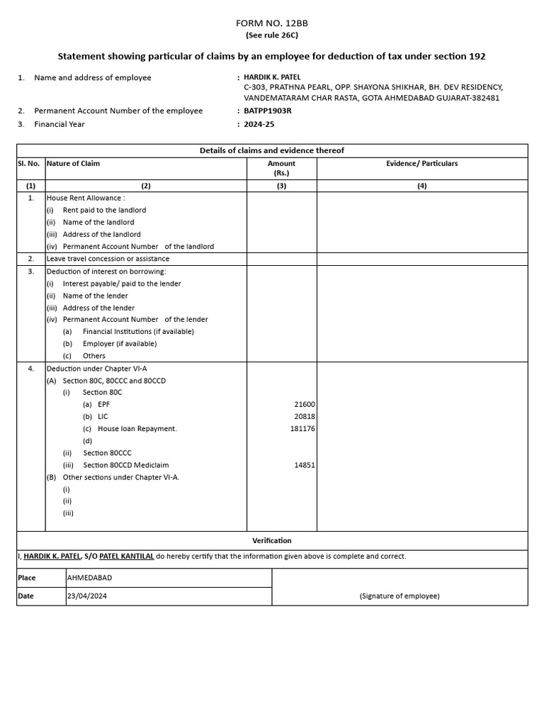 Employee Tax Deduction Claims Form 12BB | PDF | Credit | Finance & Money Management