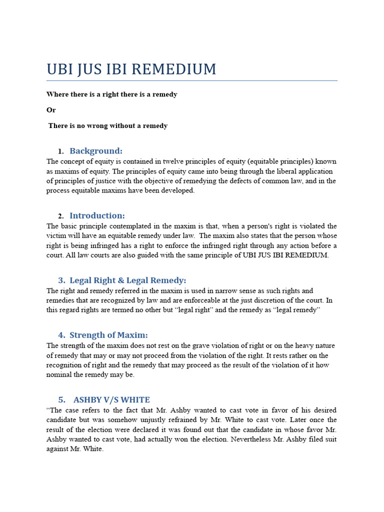 Ubi Jus Ibi Remedium: Legal Principles Explained | PDF | Legal Remedy | Equity (Law)