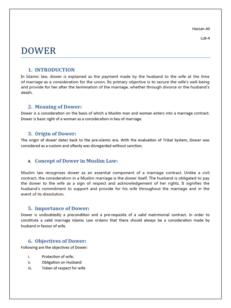 Dower and Its Kinds | PDF | Marriage | Wife