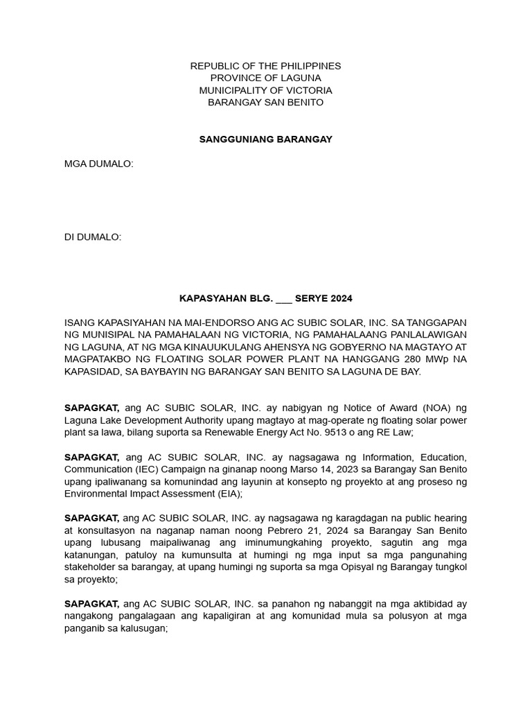 Brgy Reso Floating Solar - San Benito, Victoria | PDF