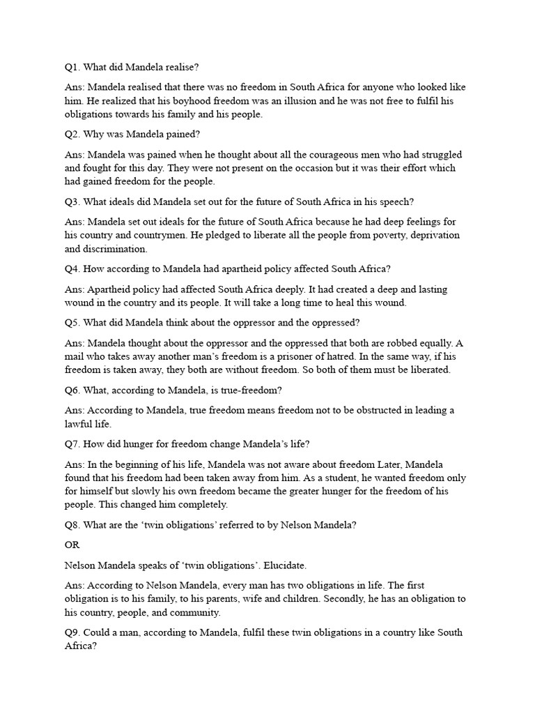 Nelson Mandela Extra Questions | PDF | Nelson Mandela | Apartheid
