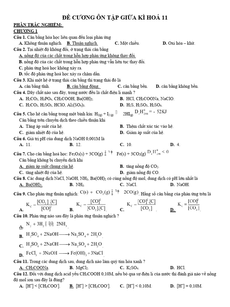 ĐỀ CƯƠNG GK HOÁ 11 | PDF