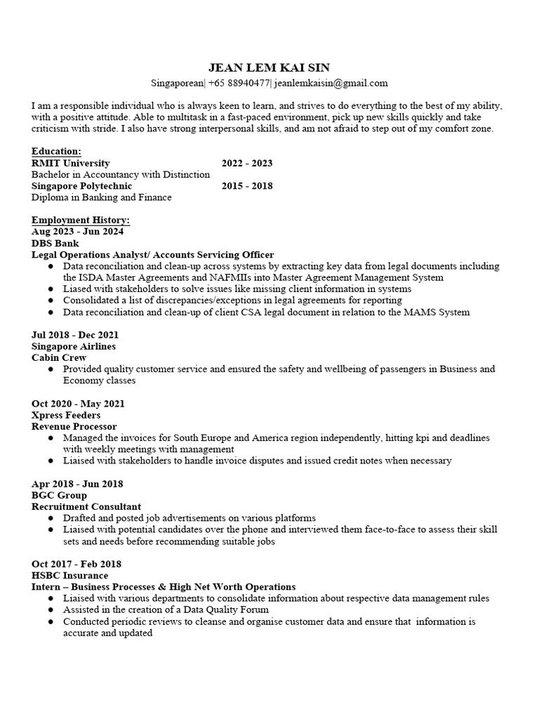 Resume - Jean Lem Kai Sin | PDF | Business | Economies