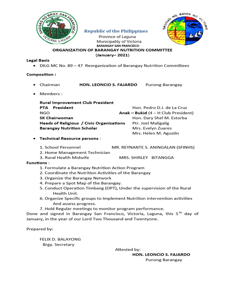 Barangay Nutrition Committee | PDF