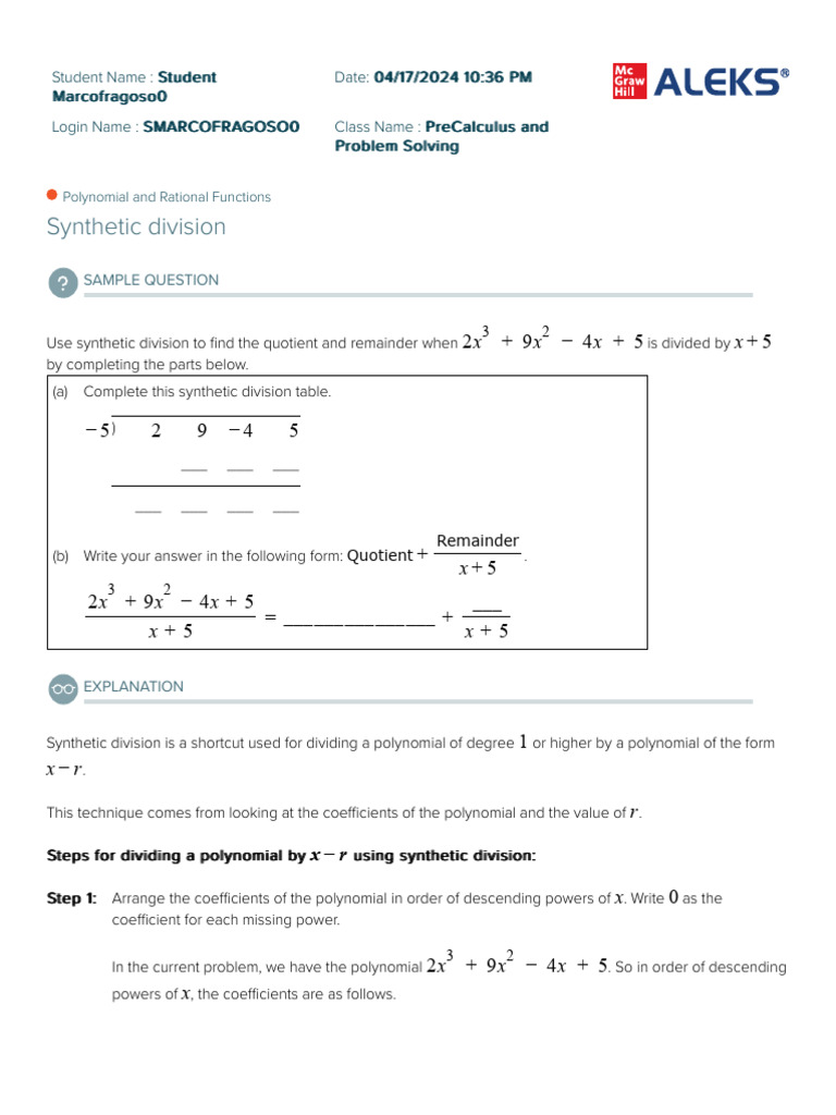 19 - Polynomial and Rational Functions - Synthetic Division | PDF ...