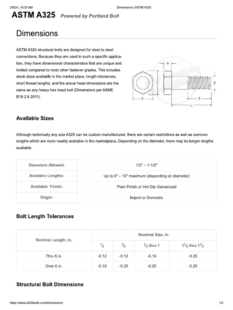 Dimensions - ASTM A325 | PDF