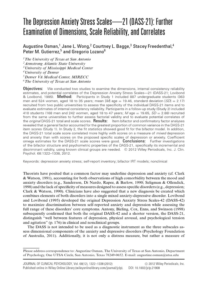 Depression, Anxiety, & Stress (Osman Et Al., 2012) | PDF | Standard ...