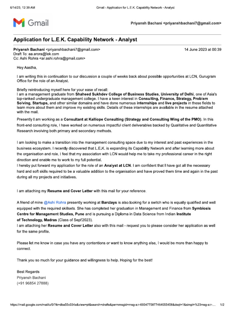 LEK Application Mail | PDF