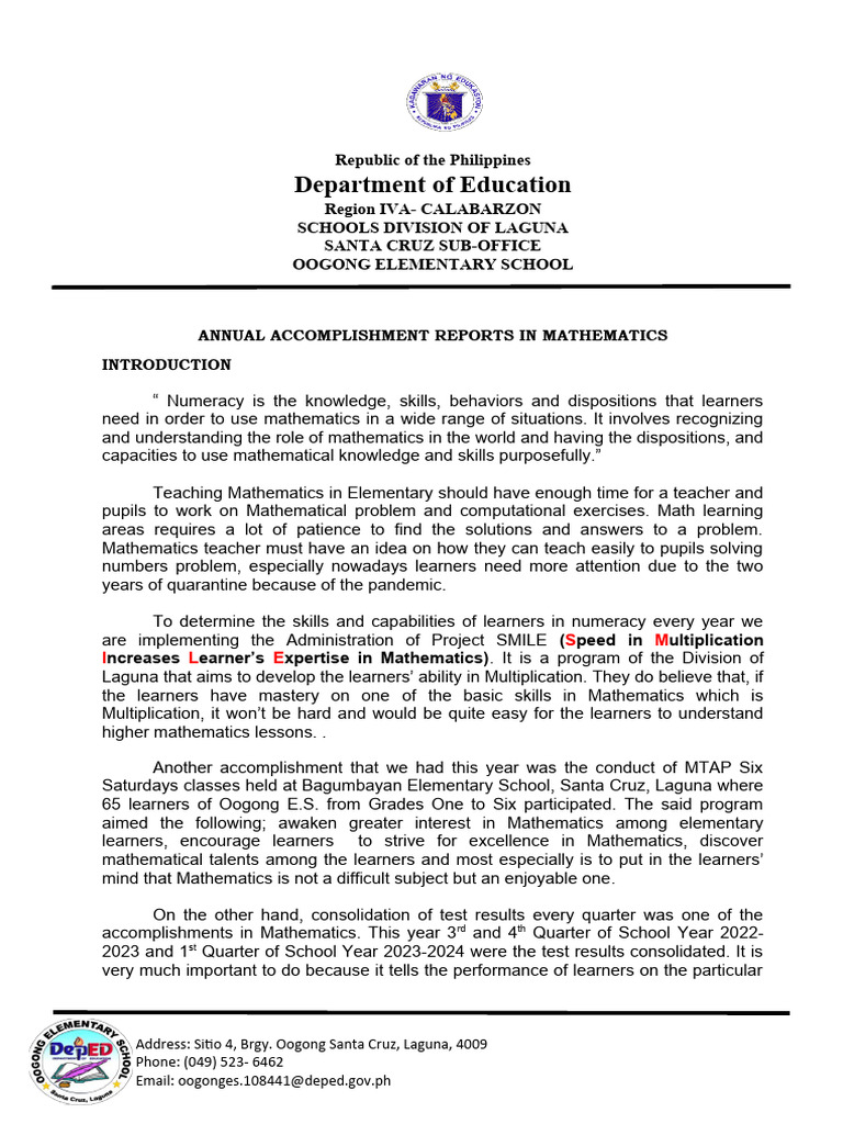ACCOMPLISHMENT REPORT IN Mathematics | PDF | Learning | Mathematics