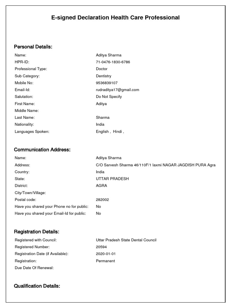E-Signed Declaration for Doctor HPR ID | PDF | Dentistry | Dental Degree