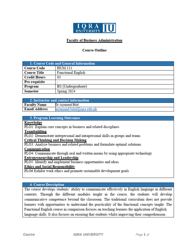 Functional English - AACSB Course Outline Spring 2024 | PDF | Reading ...