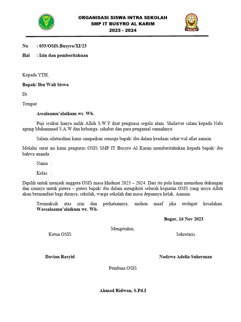 Surat Izin OSIS | PDF