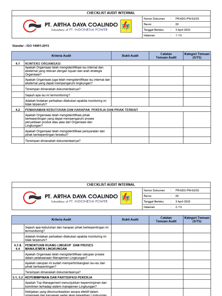 Checklist Audit ISO 14001:2015 | PDF