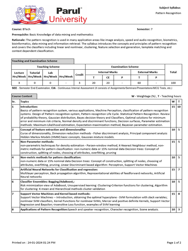 Pattern Recognition-Theory | PDF | Support Vector Machine | Pattern Recognition