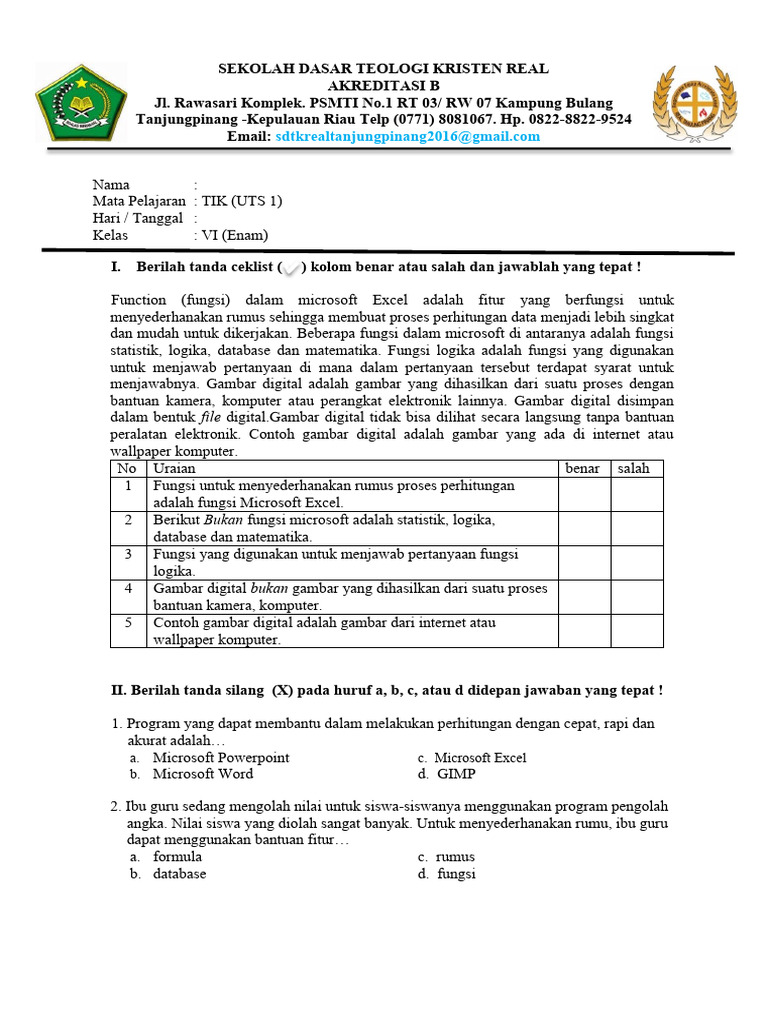 Soal Kelas 6 UTS 1 (TIK) | PDF