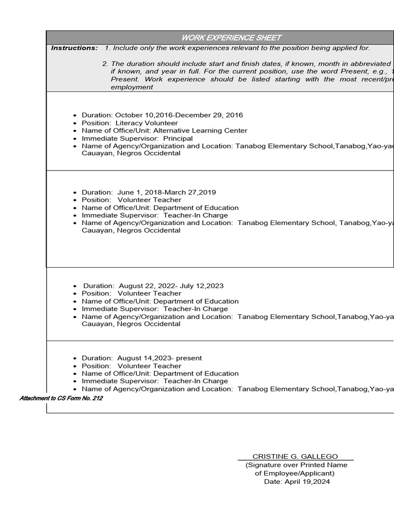 Attachment-Work-Experience-Sheet-1-CS-Form-No.-212 | PDF | Behavior ...