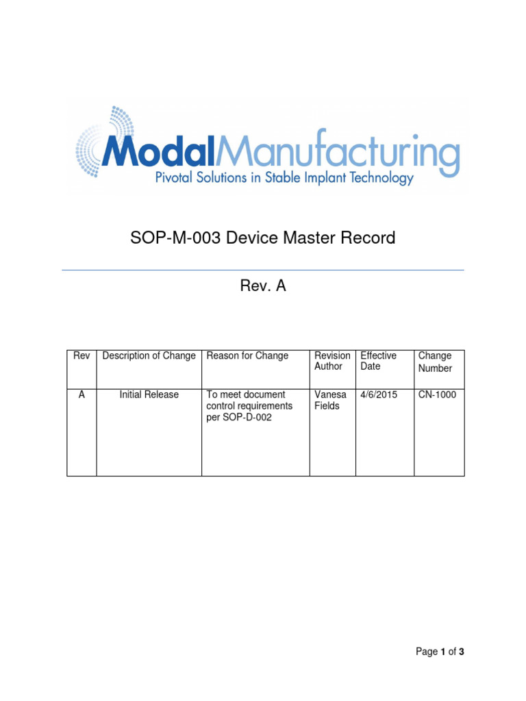 SOP-M-003 Device Master Record Rev A | PDF | Quality Assurance ...