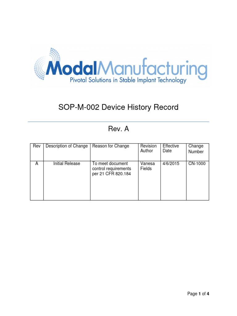 SOP-M-002 Device History Record Rev A | PDF | Quality Assurance ...