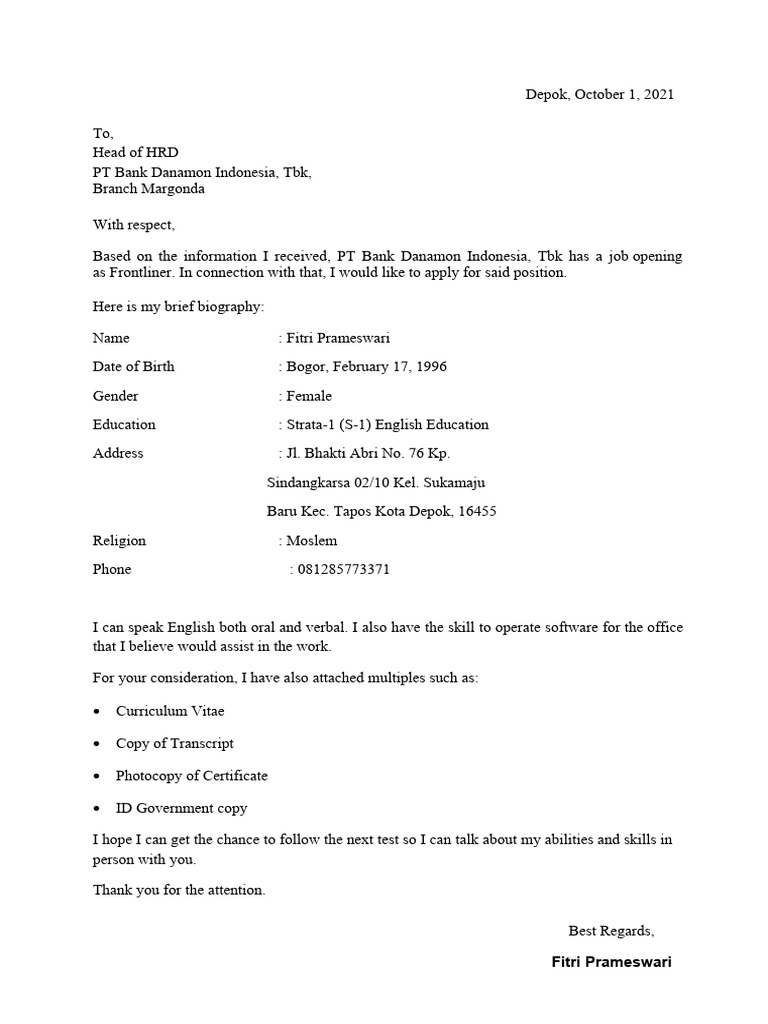 Surat Lamaran Kerja - PT Bank Danamon Indonesia | PDF