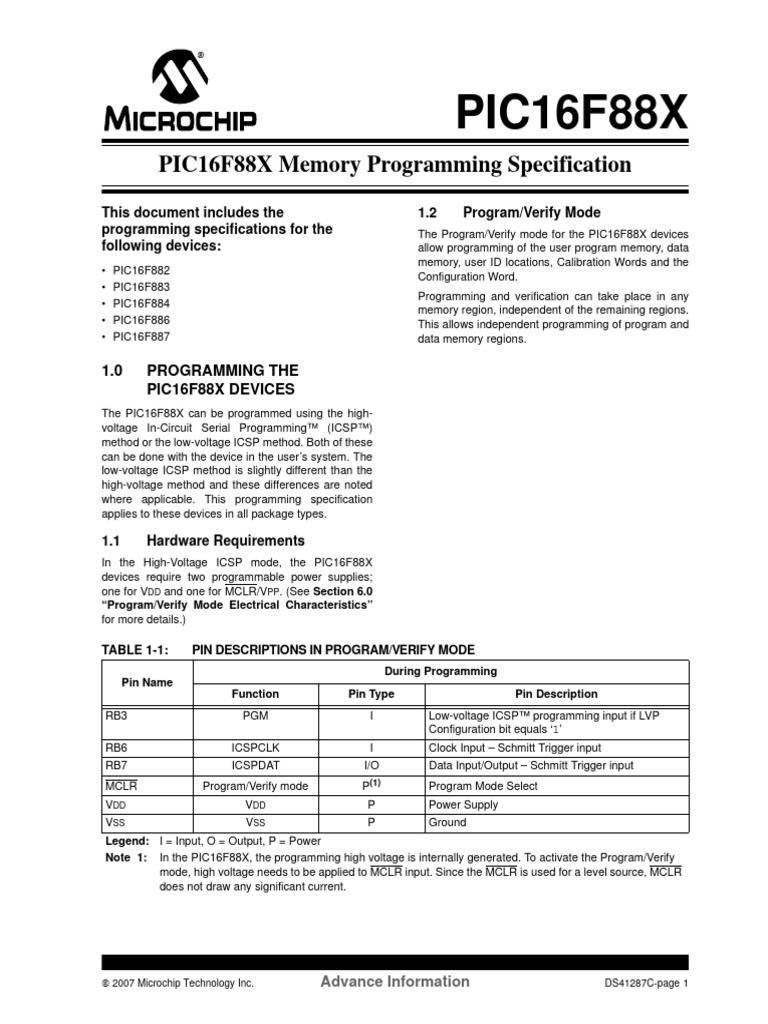 PIC16F88X Memory Programming Specification | PDF | Power Supply | Manufactured Goods
