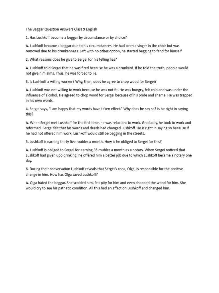 The Beggar Class 9 Q&A Summary | PDF