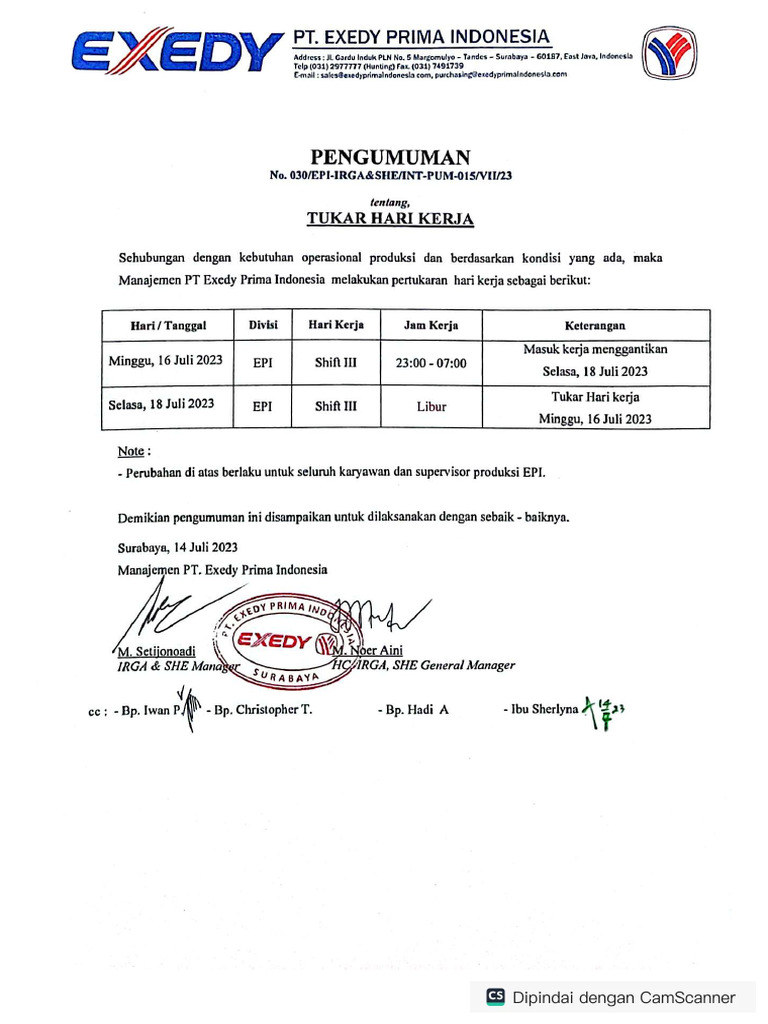 Pengumuman Tukar Hari Kerja EPI | PDF