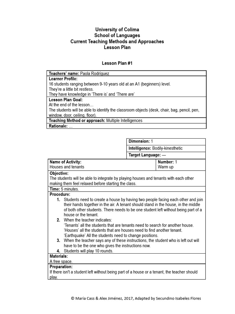 Lesson Plan Multiple Intelligences | PDF | Lesson Plan | Classroom