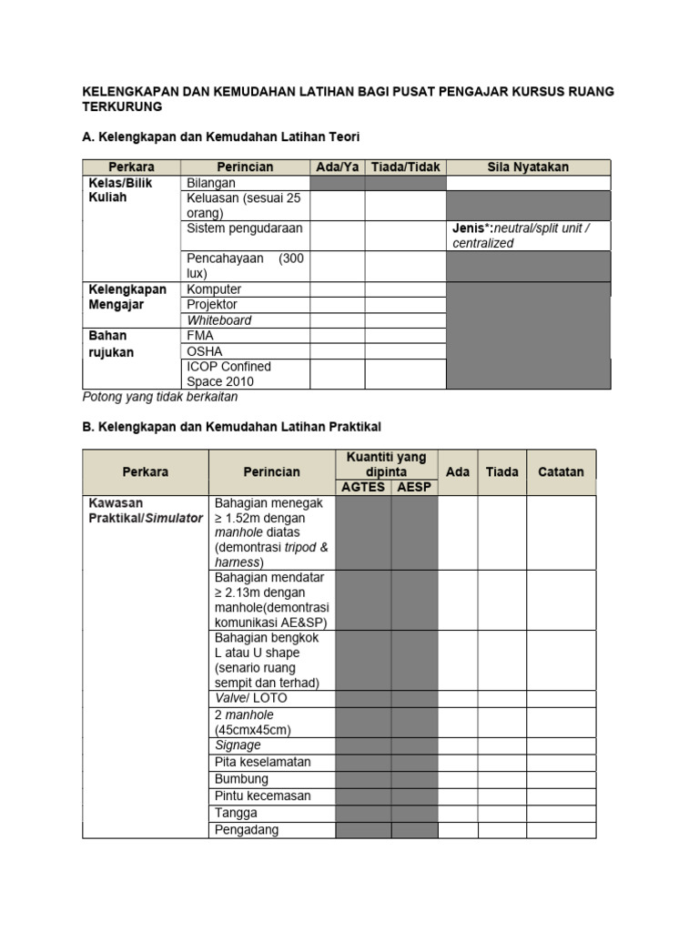 Senarai Semak Pusat Pengajar Dan Simulator Ruang Terkurung - 220215 ...