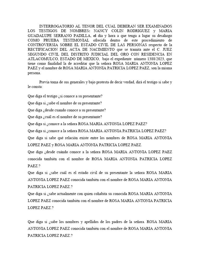 Interrogatorio Al Tenor Del Cual Deberan Ser Examinados Los Testigos de ...