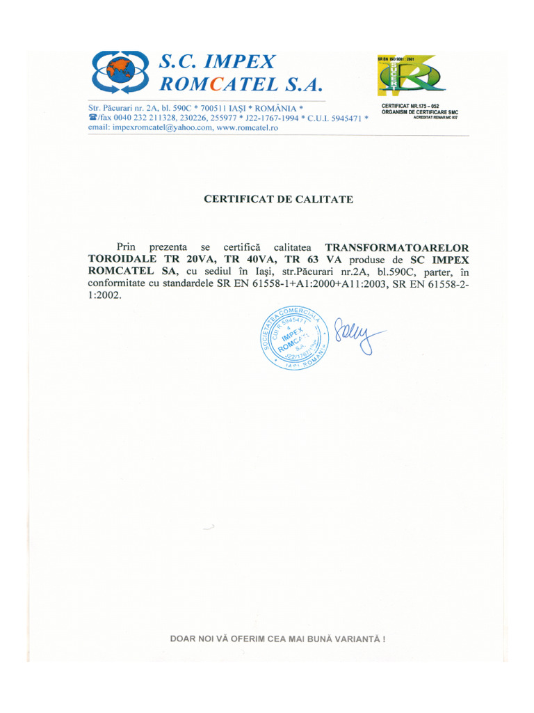 Certificat de Calitate - Transformator Toroidal | PDF