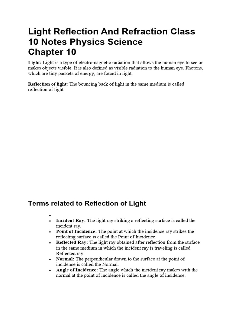 Light Reflection and Refraction Class 10 Notes Physics Science3 | PDF ...