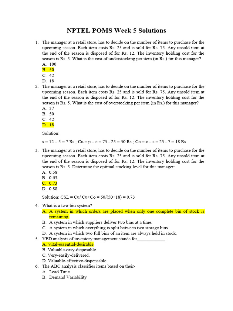 NPTEL POMS Week 5 (2024) Solutions | PDF | Inventory | Management ...