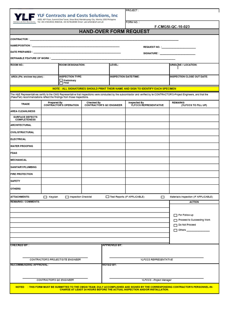 F-YLFCCS-QC-10-023 HAND-OVER FORM REQUEST | PDF