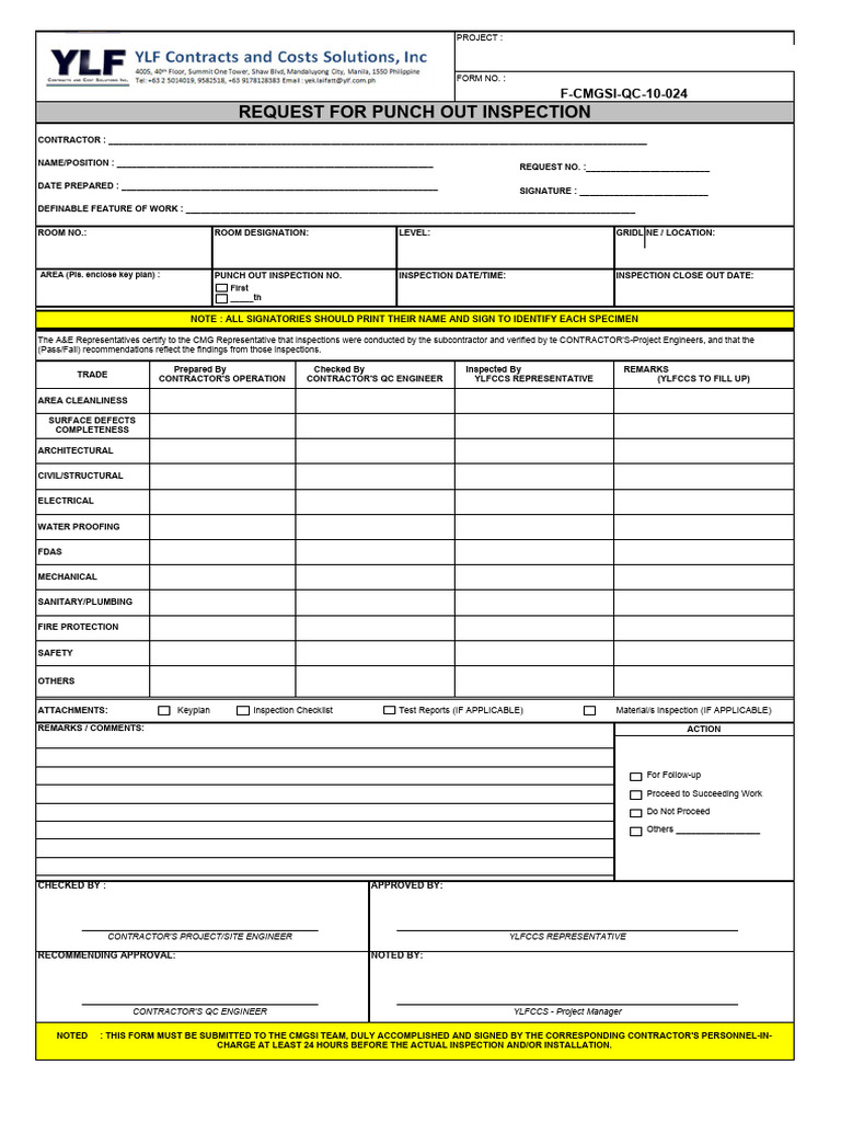 Punch Out Inspection Request Form | PDF