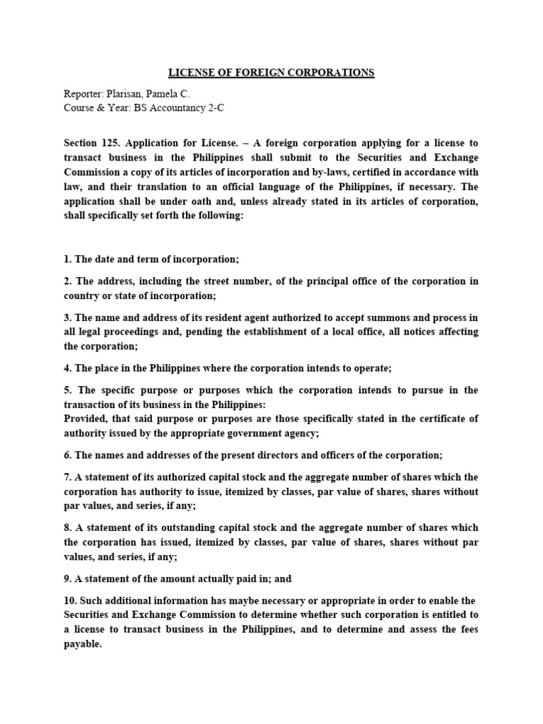 License To Foreign Corp. | PDF | Securities (Finance) | Corporations