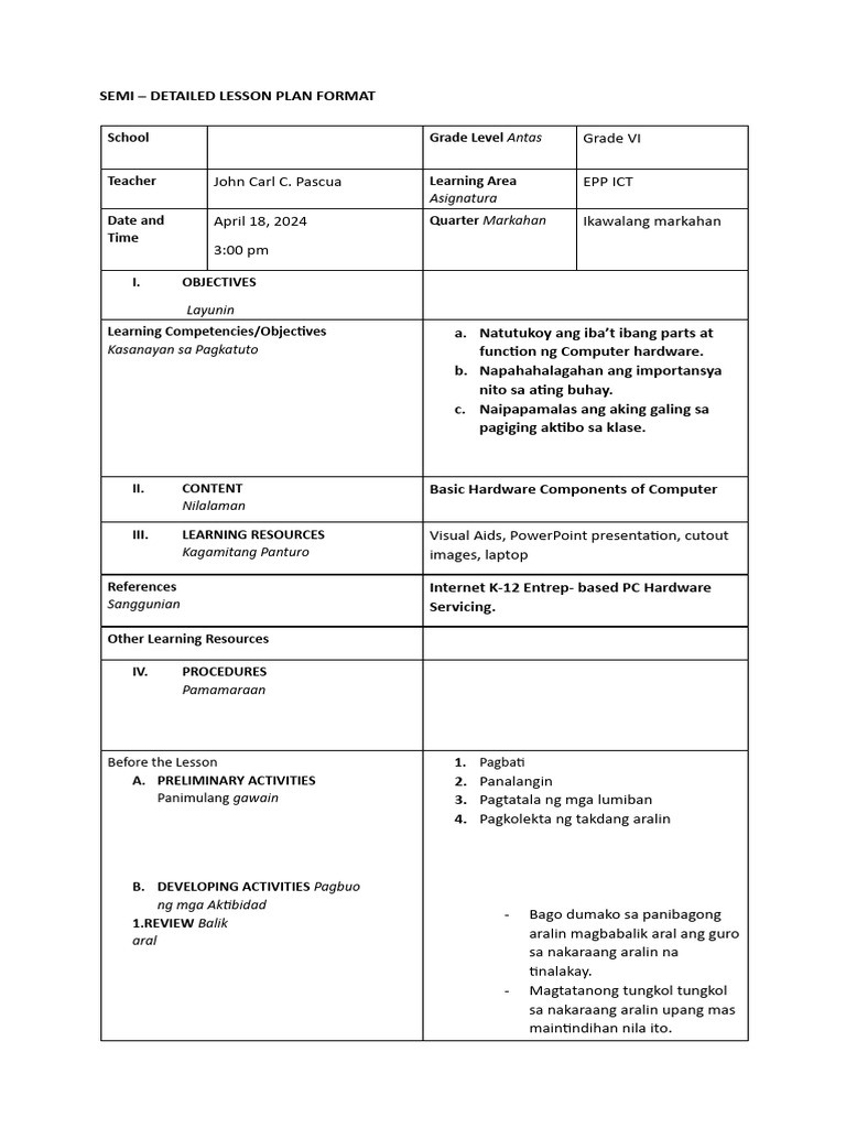 SEMI-DETAILED-LESSON-PLAN-FORMAT Epp ICT | PDF