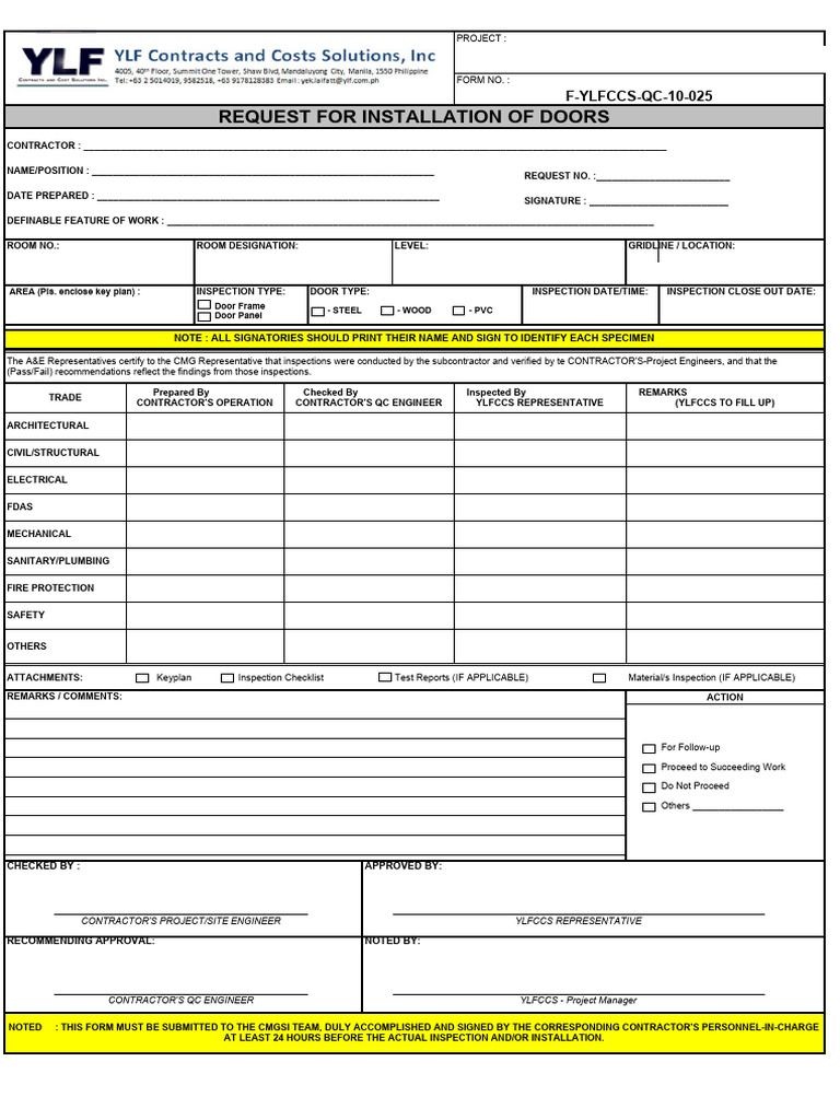 F-YLFCCS-QC-10-025 REQUEST FOR INSTALLATION OF DOORS | PDF | Door