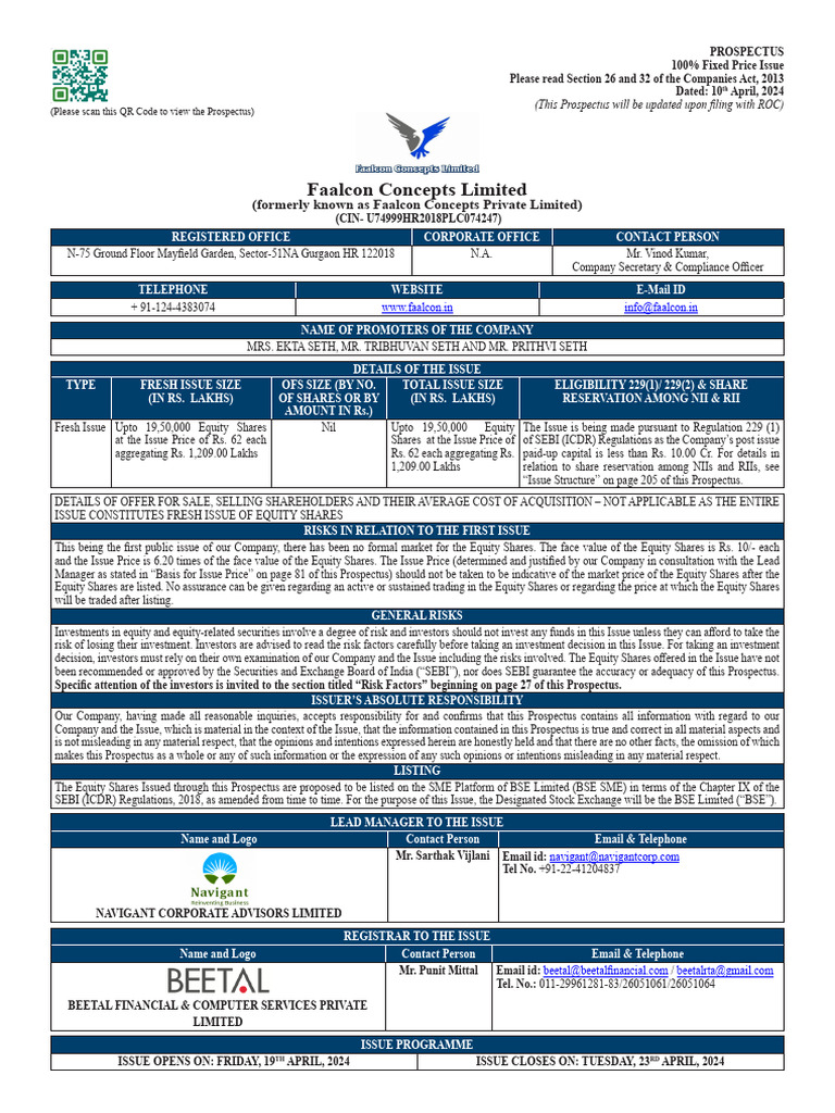 Faalcon Concepts IPO Prospectus 2024 | PDF | Stocks | Investing