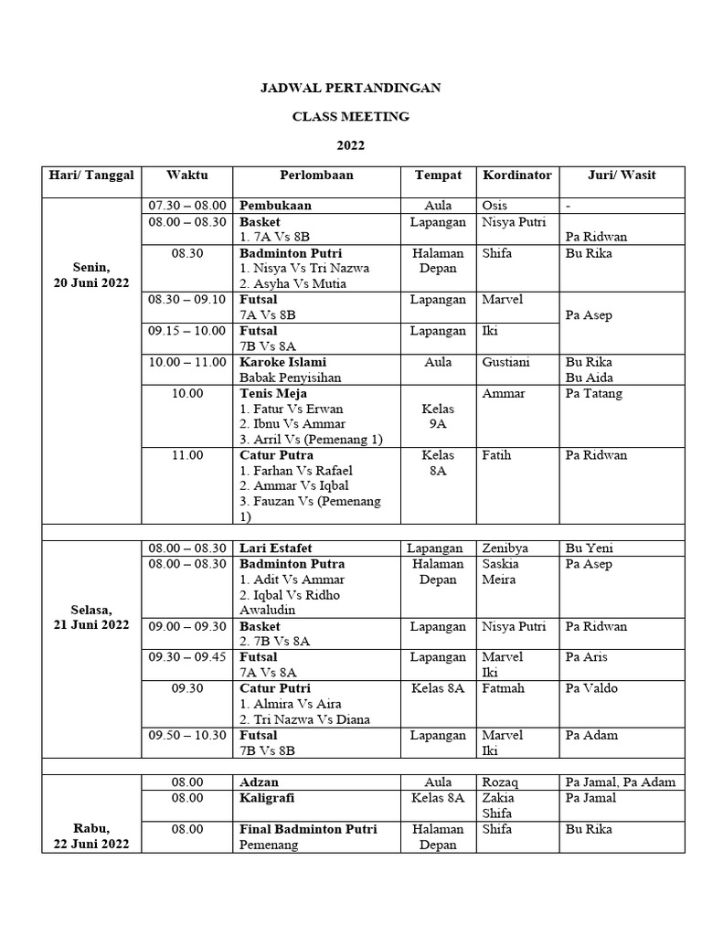 Jadwal Pertandingan Class Meeting Pdf