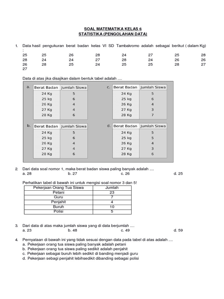 Soal Latihan Pengolahan Data Kls 6 | PDF