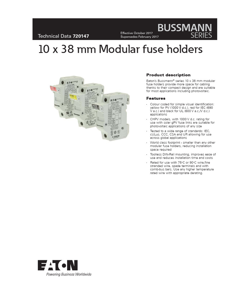 Eaton Bussmann 10x38mm Modular Fuse Holders Datasheet 720147 en Uk | PDF | Fuse (Electrical ...