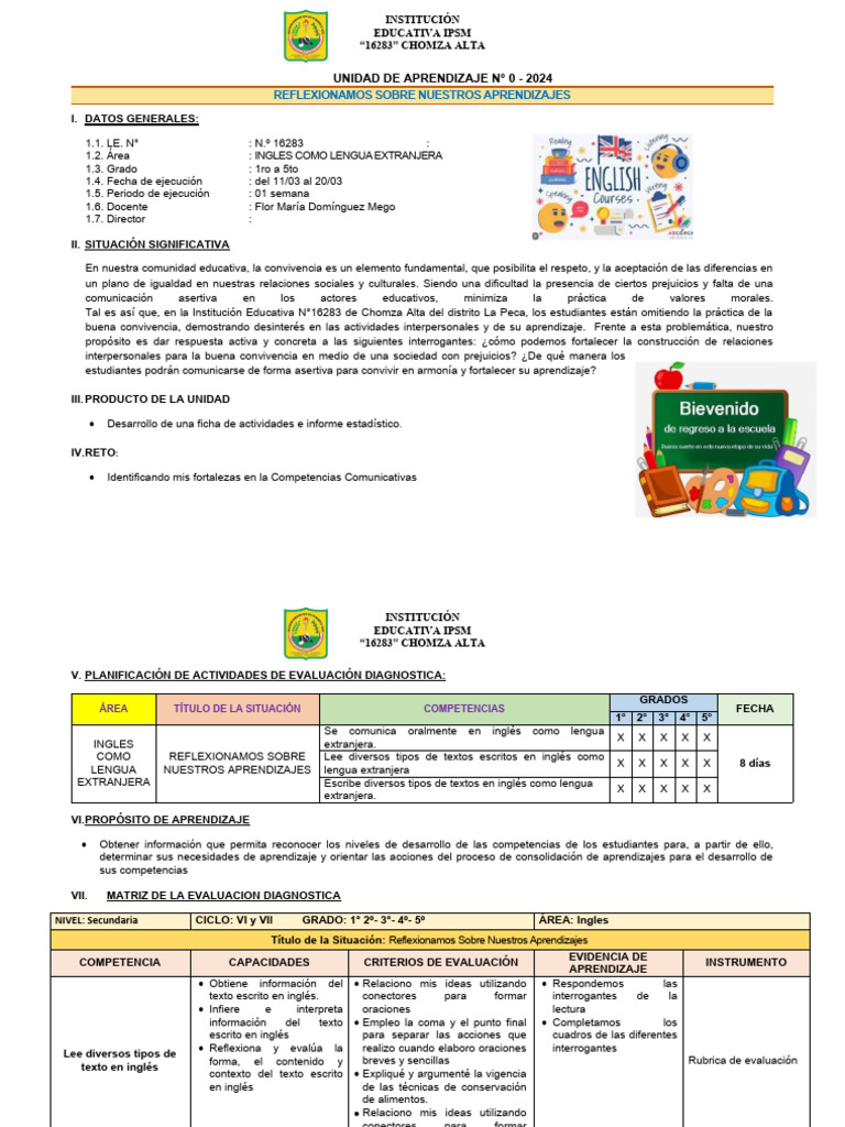 Unidad de Aprendizaje 0 Ingles | PDF | Evaluación | Aprendizaje