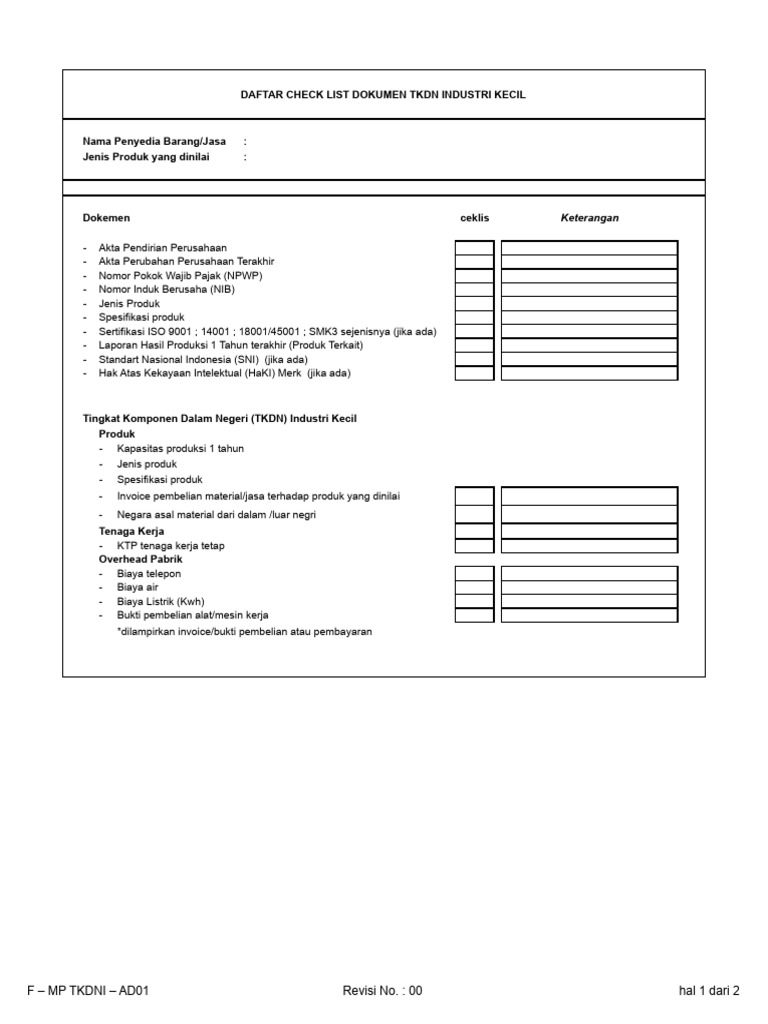 Check List Persyaratan TKDN Industri Kecil | PDF