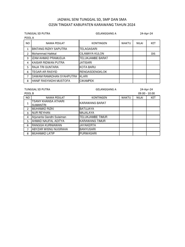 Jadwal O2SN Karawang 2024: Seni Tunggal SD-SMA | PDF