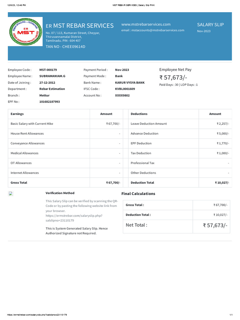NOV-23 MST REBAR SERVICES - Salary Slip Print | PDF | Salary | Public ...