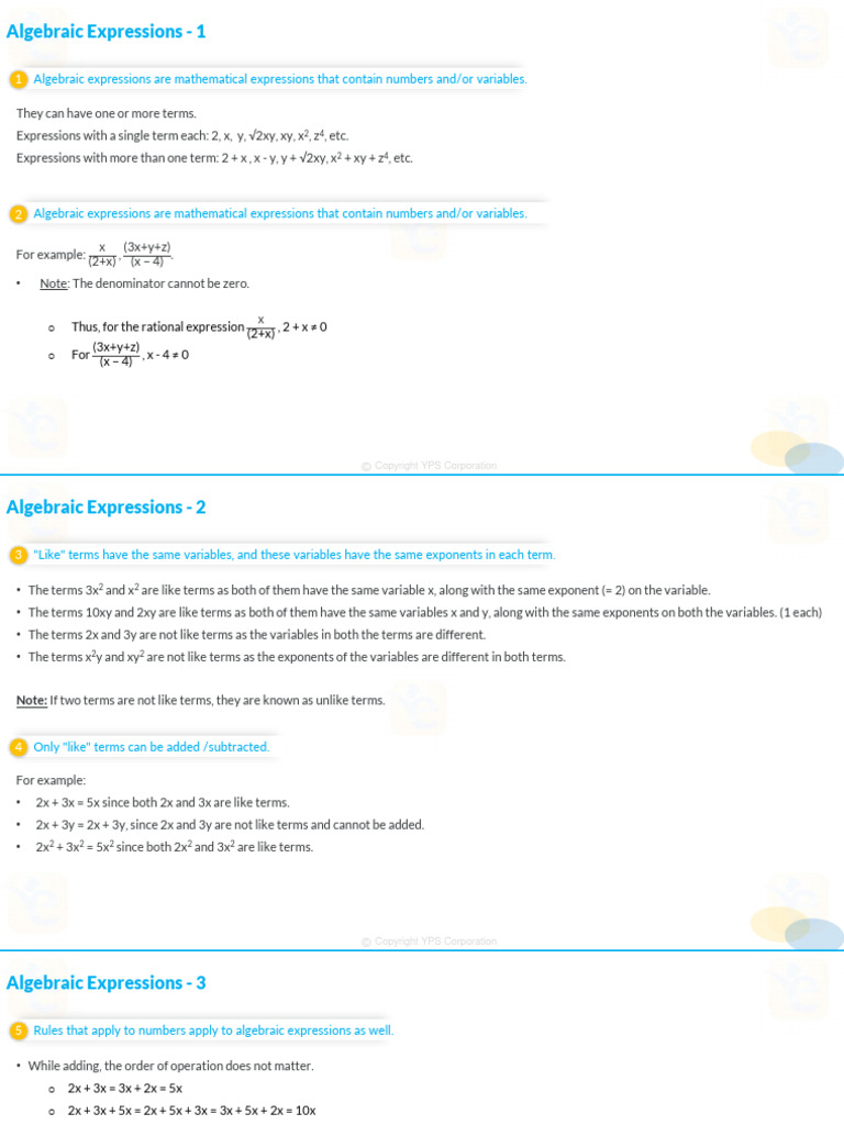 Algebraic Expressions Summary | PDF | Abstract Algebra | Arithmetic