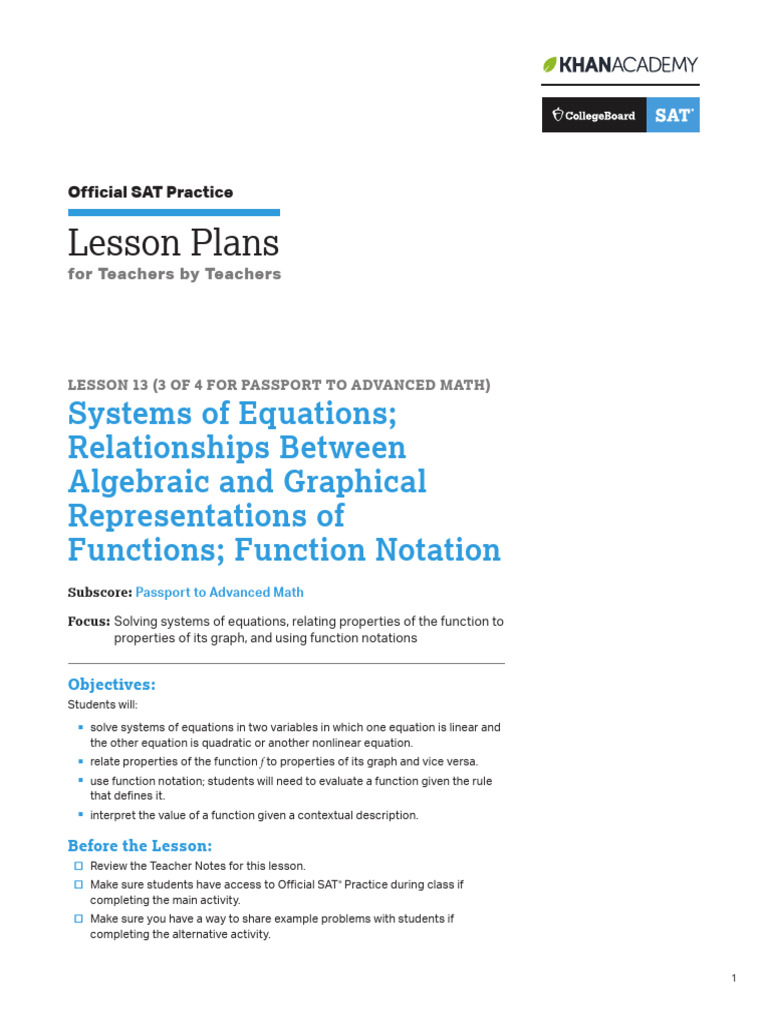 Official Sat Practice Lesson Plan Math Systems Equations Representations | PDF | Equations | Algebra
