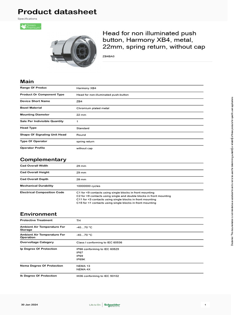 Schneider Electric - Harmony-XB4 - ZB4BA0 | PDF | Manufactured Goods