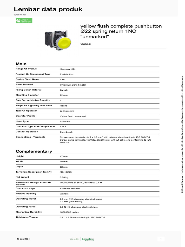 Schneider Electric - Harmony-XB4 - XB4BA51 | PDF | Manufactured Goods