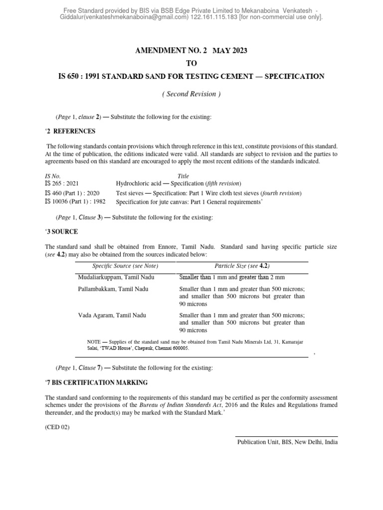 Amendment No. 2 MAY 2023 TO Is 650: 1991 Standard Sand For Testing ...